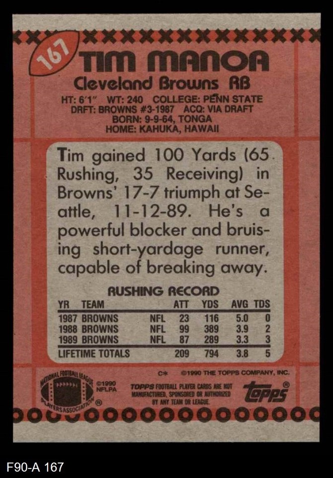 1990 Topps #167 Tim Manoa Browns-FB Penn St 8 - NM/MT | eBay