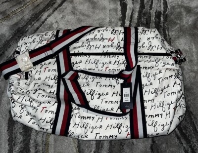 New Tommy Hilfiger Signature Script Duffle Bag White Striped NWT $49.50 ...