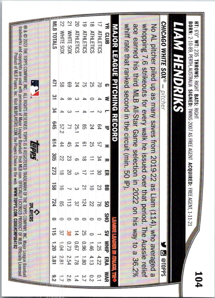 2023 TOPPS BIG LEAGUE LIAM HENDRIKS CHICAGO WHITE SOX #104 | eBay