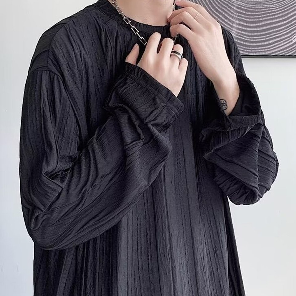 Mens Casual Long Sleeve T Shirt with Texture and Pleats for Daily Wear ...
