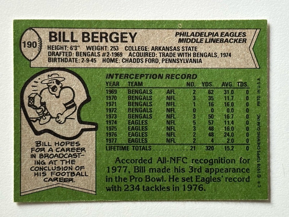 BILL BERGEY 1978 TOPPS #190 Signed Autographed Auto PHILADELPHIA EAGLES ...