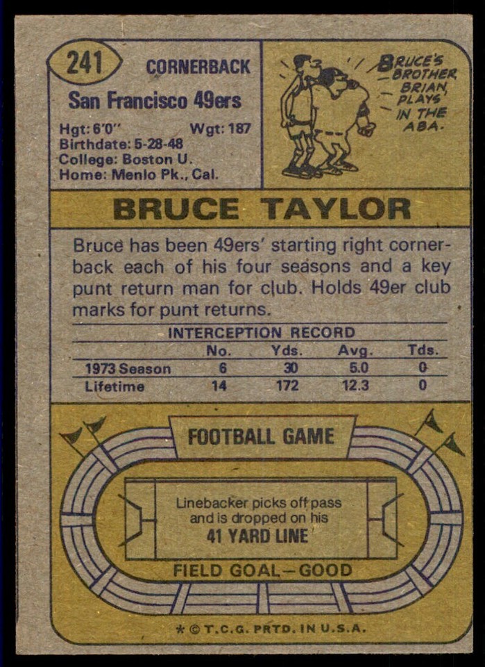 1974 Topps Bruce Taylor Football Card San Francisco 49ers #241 | eBay