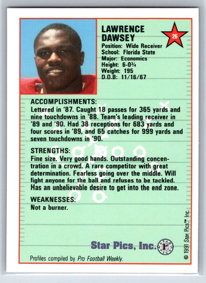 1991 Star Pics Lawrence Dawsey Rookie Florida State Seminoles RC #26 | eBay