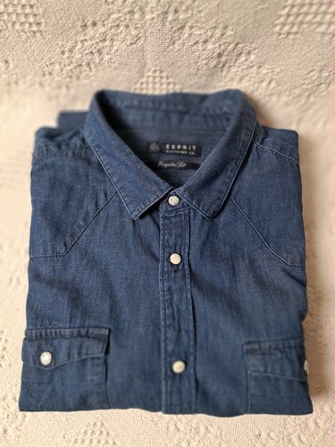 Esprit Mens Shirt Denim XL Blue Snap Pearl Buttons Short Sleeve 46 Inch ...