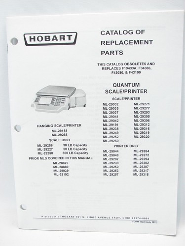Hobart Quantum Scale/Printer Catalog Of Replacement Parts Form 43238 | eBay