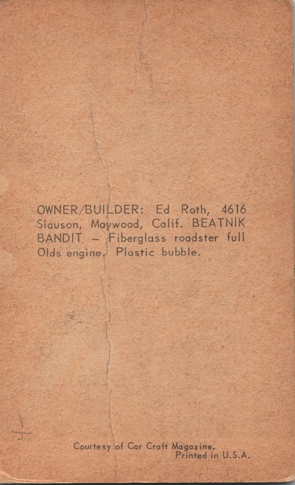 1961 Ed Roth Beatnik Bandit Bubble Top Vintage Arcade Exhibit Card ...