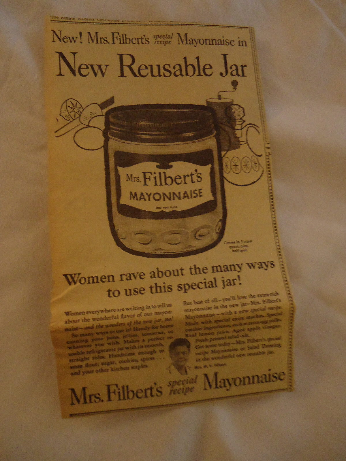 Mrs Filbert's Mayonaise 1958 BALTIMORE MD newsprint ad | eBay