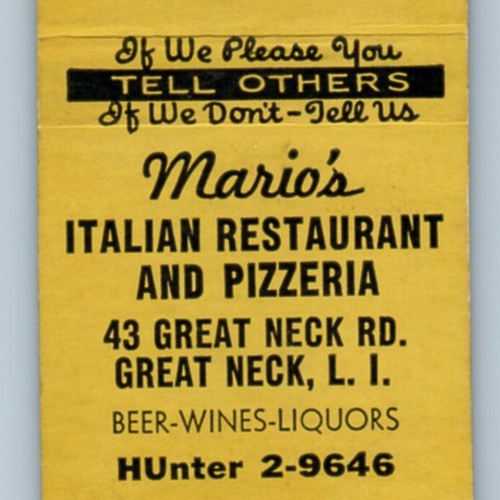 Matchcover Marios Italian Restaurant Pizzeria Great Neck Long Island NY ...