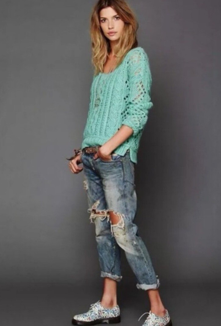 Free People Green Fluff Pullover Sweater Small Oversized Knit Boho ...