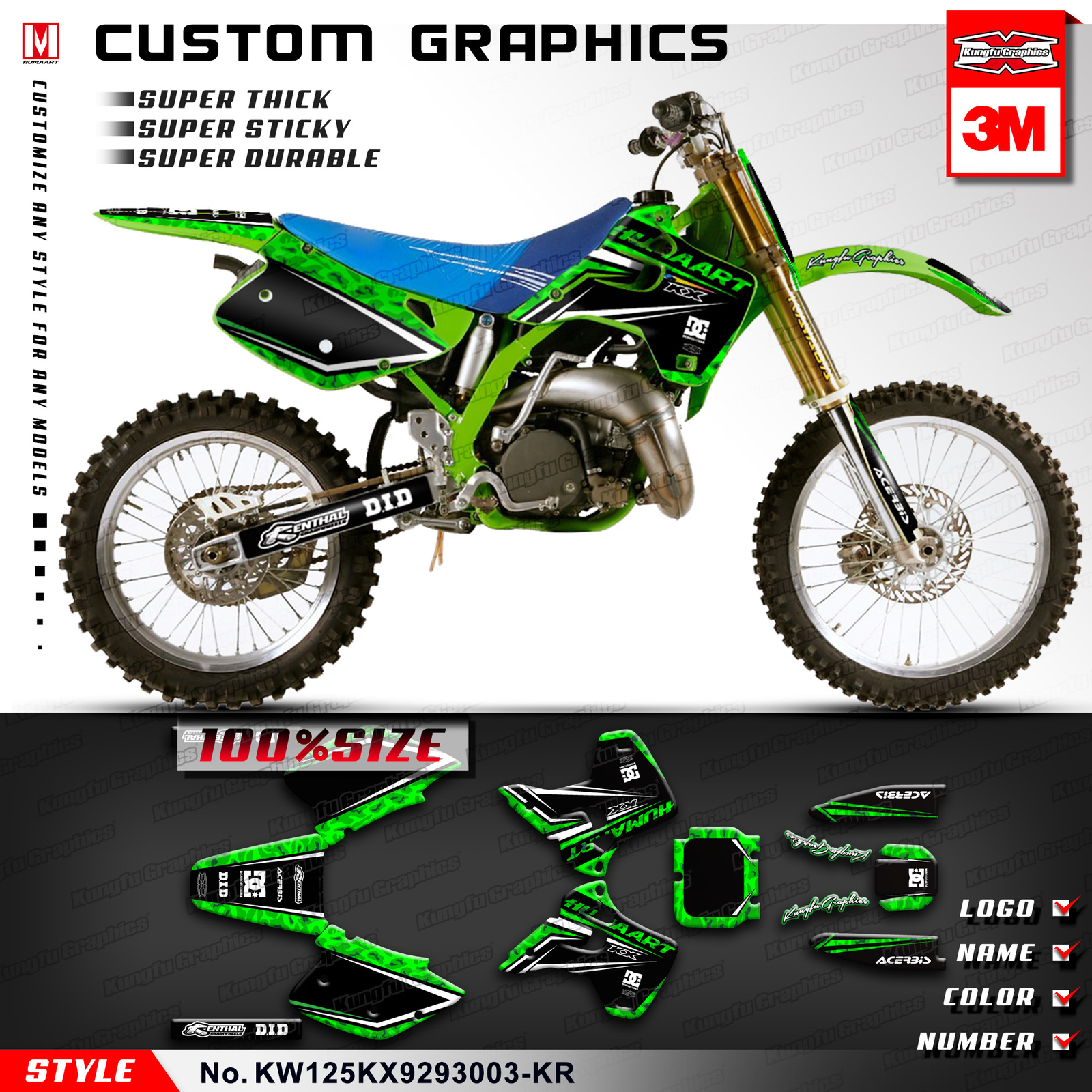 Graphics Kit Motorcycle Decals for KX125 KX250 KX 125 KX 250 1992 1993 ...