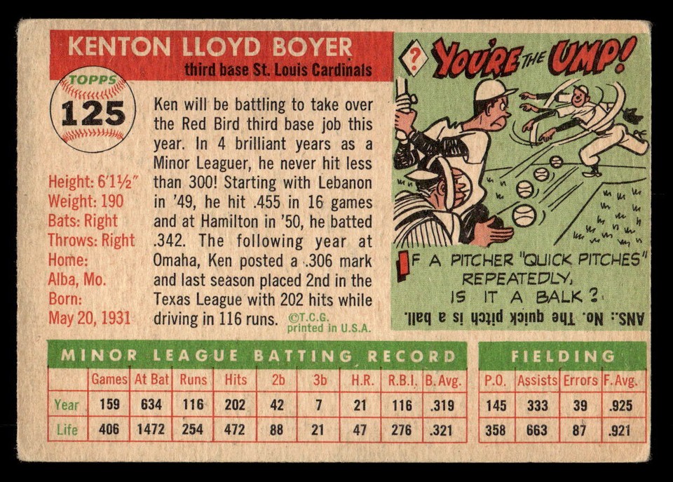 1955 Topps #125 Ken Boyer Rookie RC | eBay