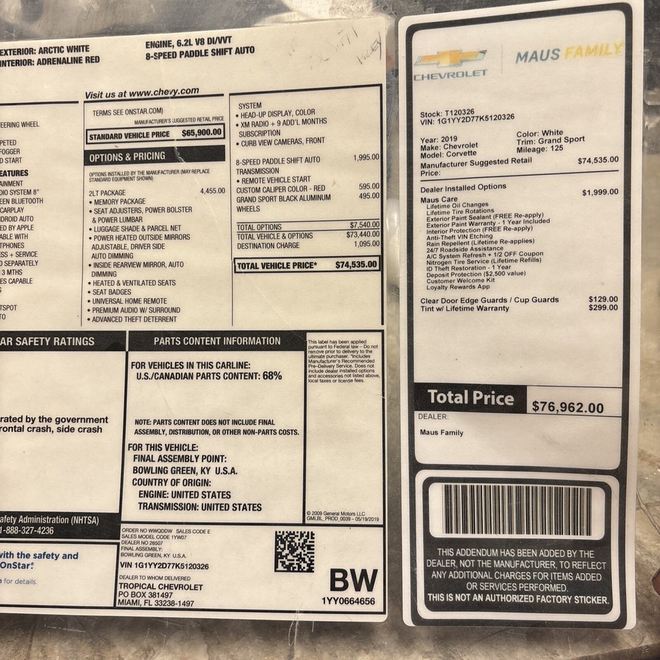 Dealer Window Sticker 2019 Corvette Grand Sport Coupe | eBay