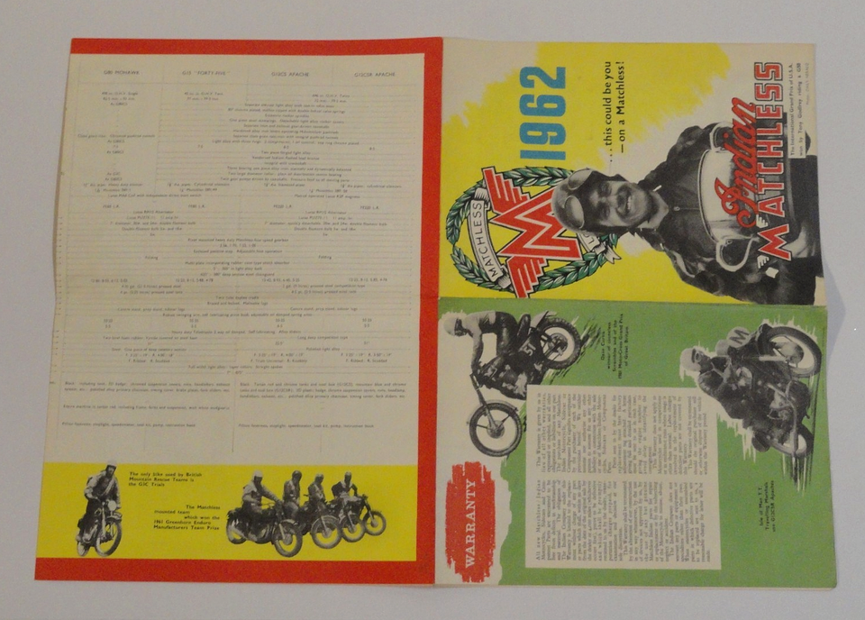RARE! 1962 INDIAN MATCHLESS MOTORCYCLE ANNUAL DEALER POSTER AND ...