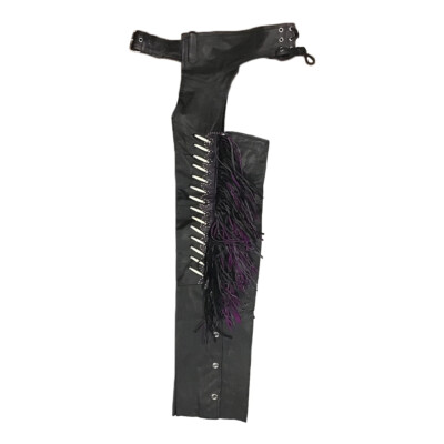 Western World by Shaf Black Goat Leather Chap with Purple Fringe Women ...