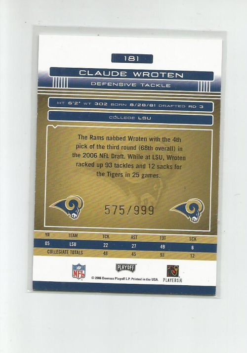 2006 ABSOLUTE MEMORABILIA #181 CLAUDE WROTEN RC 575/999 | eBay
