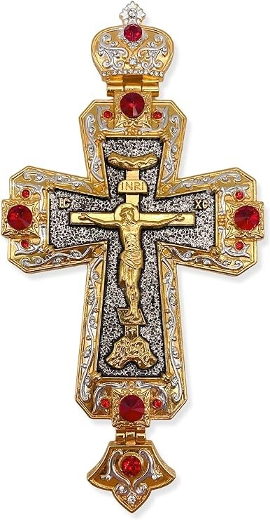 Pectoral Cross 18k Gold Crucifix Pendant with Silver and Red Stones ...