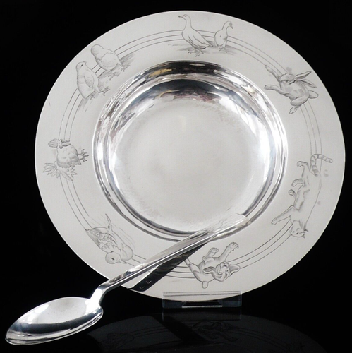 Sterling Silver Bowl & Spoon with Animals, Robert Edgar Stone, London ...