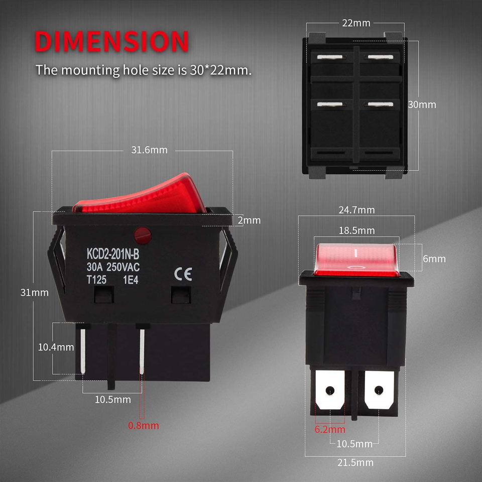 30A 250V DPST Rocker Switch Red Lighted Toggle ON/OFF 4 Pin Heavy Duty ...