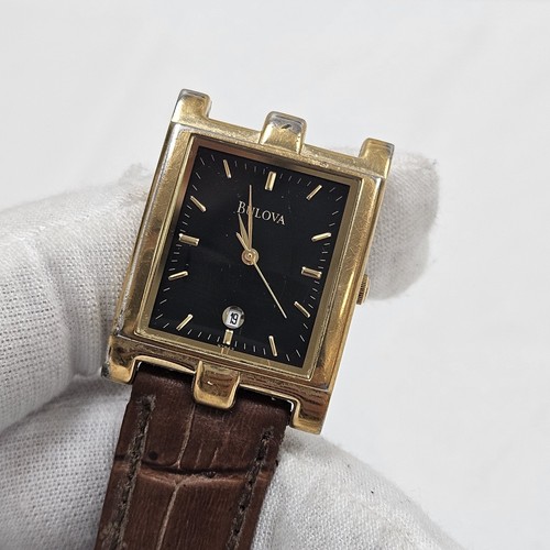 Bulova Men’s Tank Dress Wrist Watch 97b42 Date Black Dial Gold Tone ...