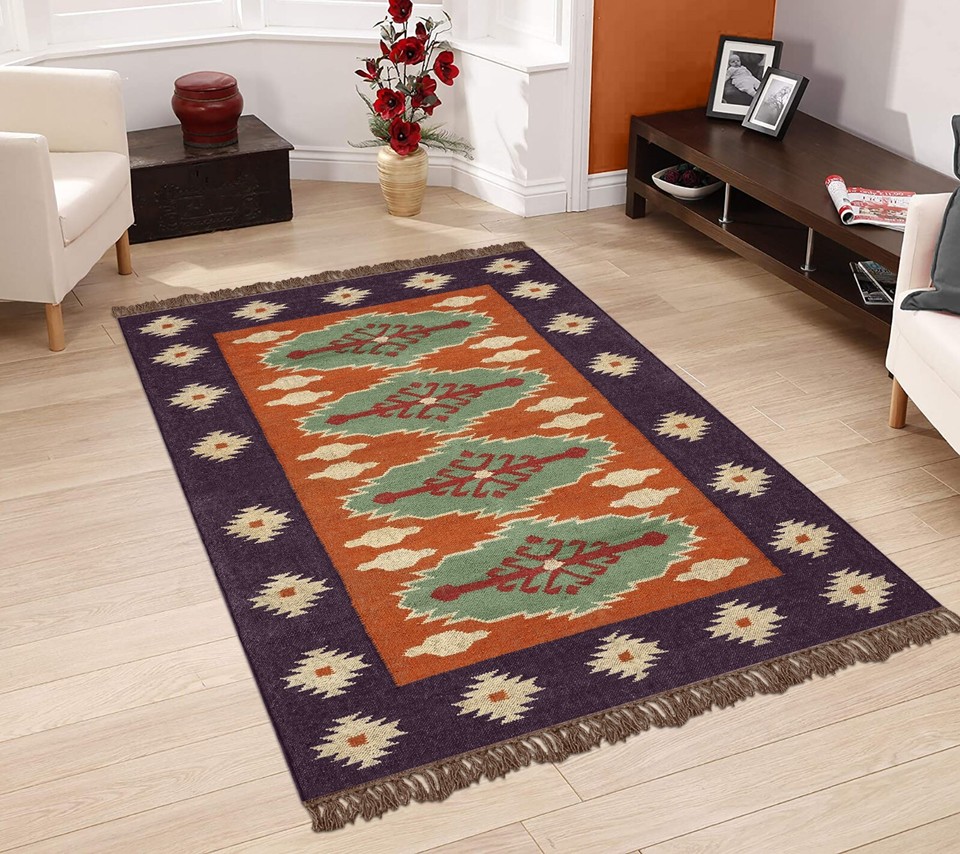 Handwoven Wool Jute Kilim Brown Geometric Area Rug Large Bedroom Carpet ...