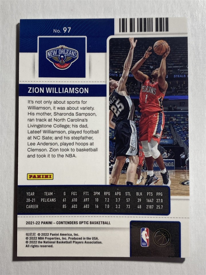 ZION WILLIAMSON pelicans 2021-22 Contenders Optic #97 (BK8) | eBay