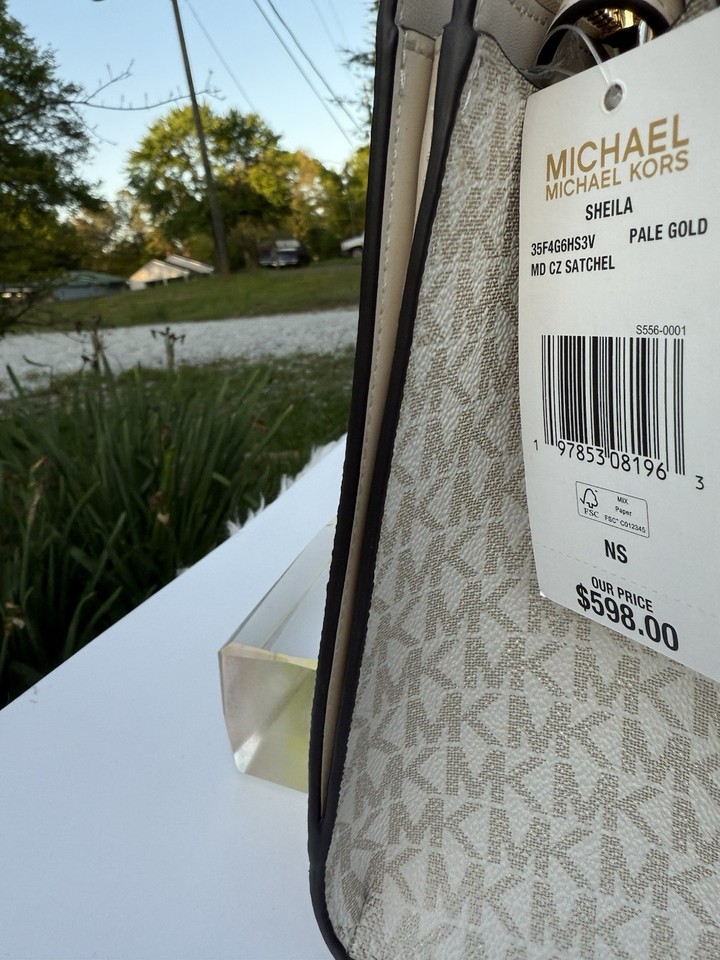 Michael Kors Sheila Medium Leather Satchel Pale Gold Mk Logo Crossbody ...