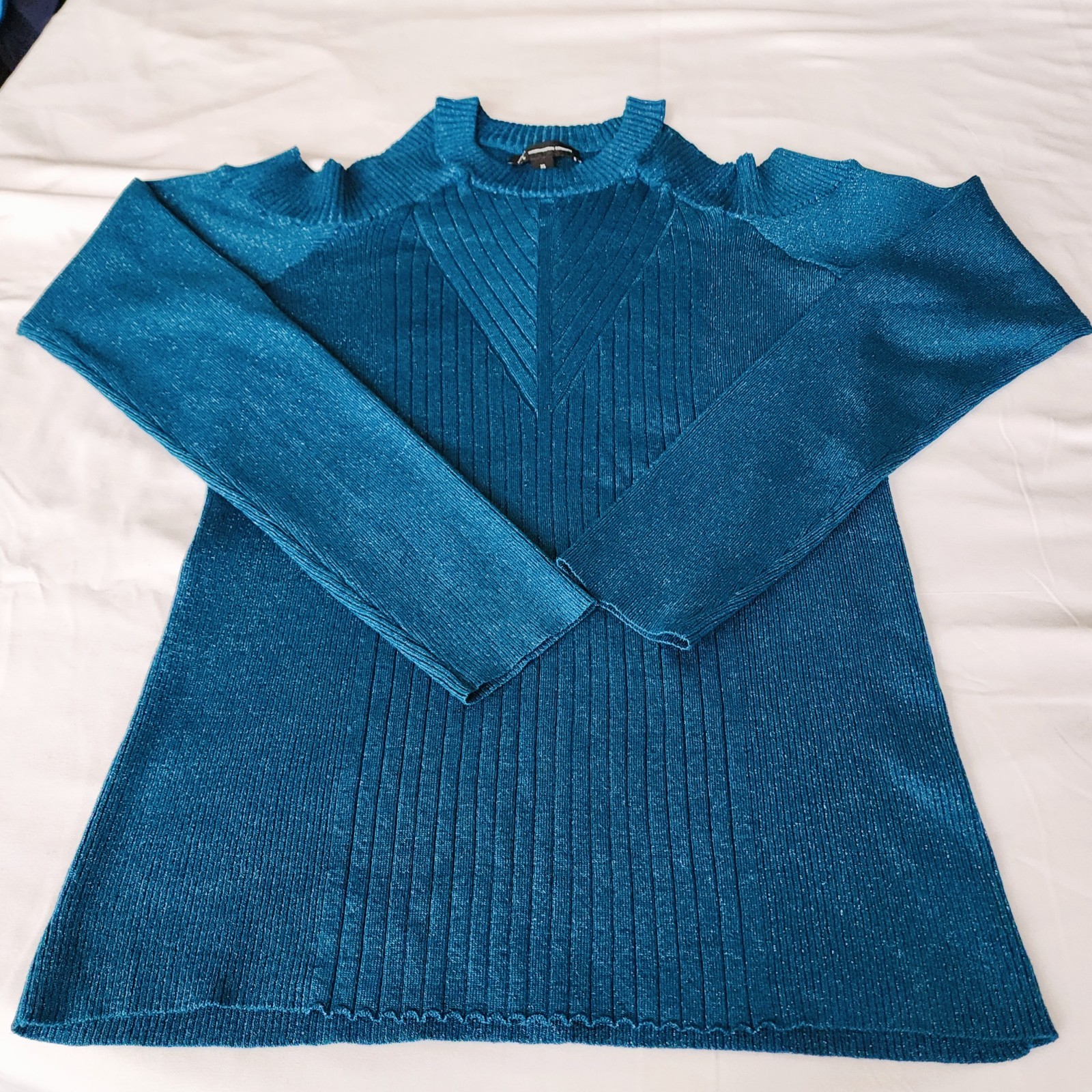 INC Women's Cold-Shoulder Ribbed-Knit Metallic Sweater, SZ XL Turquoise ...