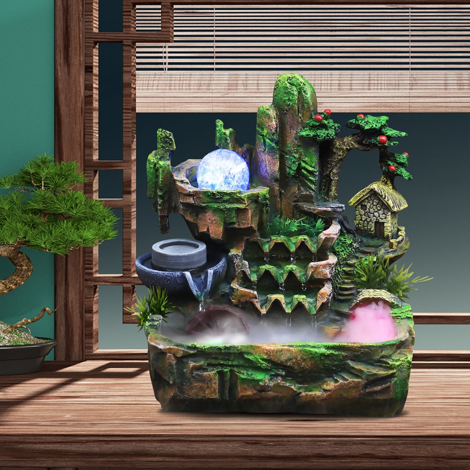 Desktop Fountain Rock Waterfall Humidifier with Artificial Tree and LED ...
