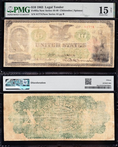Genuine RARE 1863 $10 "LINCOLN" Greenback US Legal Tender Note! PMG 15 ...