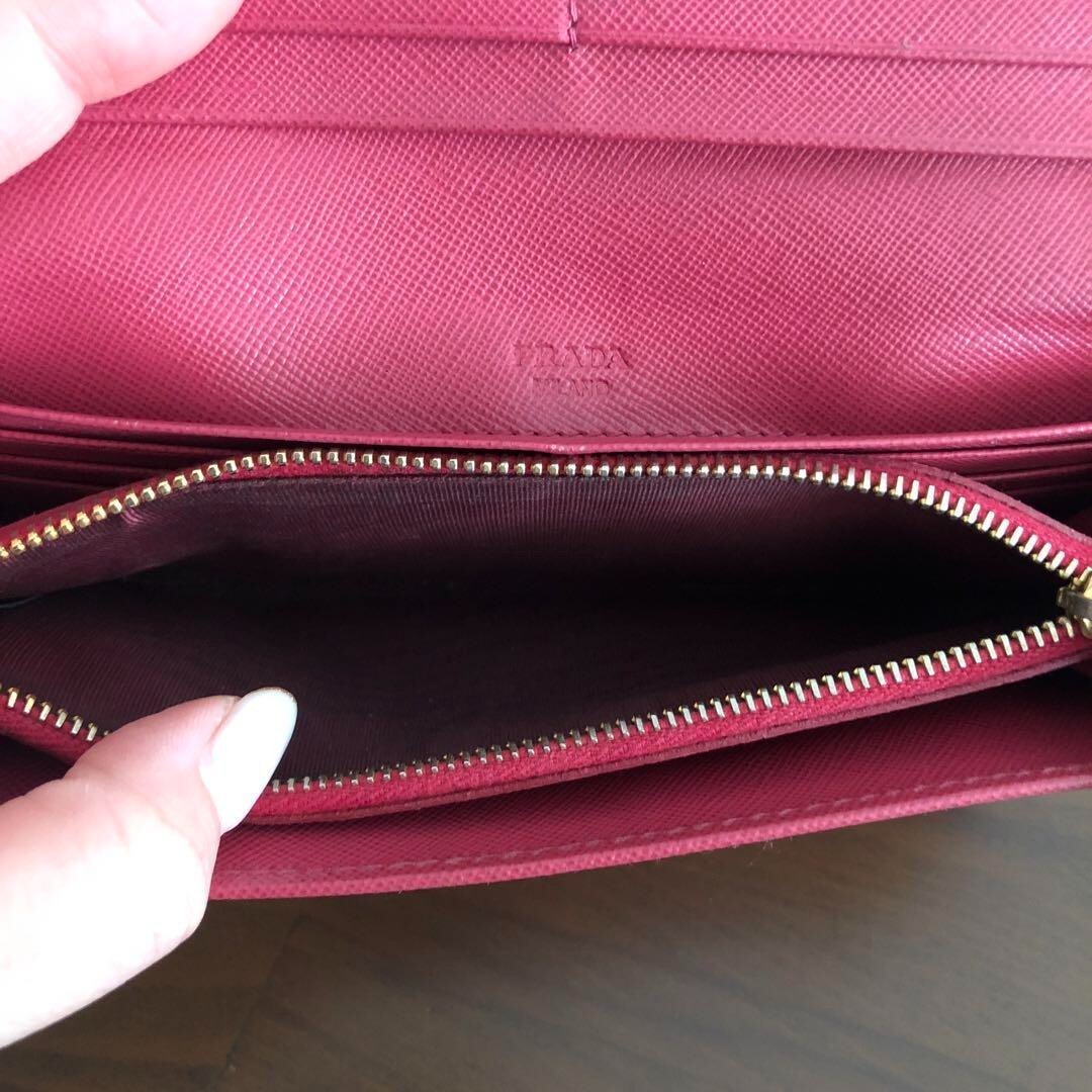 PRADA Logo Saffiano Ribbon Bifold Long Wallet Pink Le… - Gem