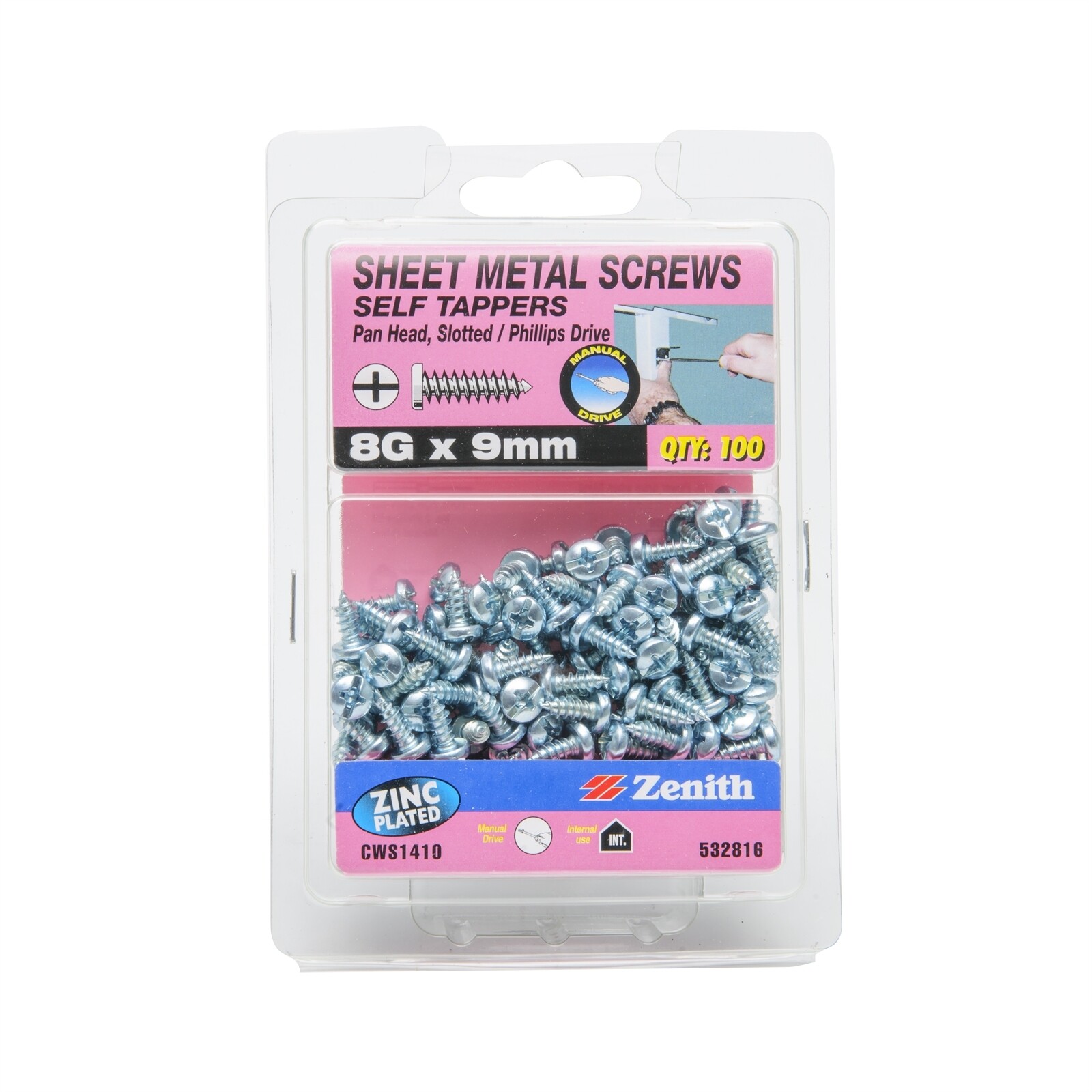 Zenith 8G x 9mm Zinc Plated Pan Head Sheet Metal Screws - 100 Pack ...