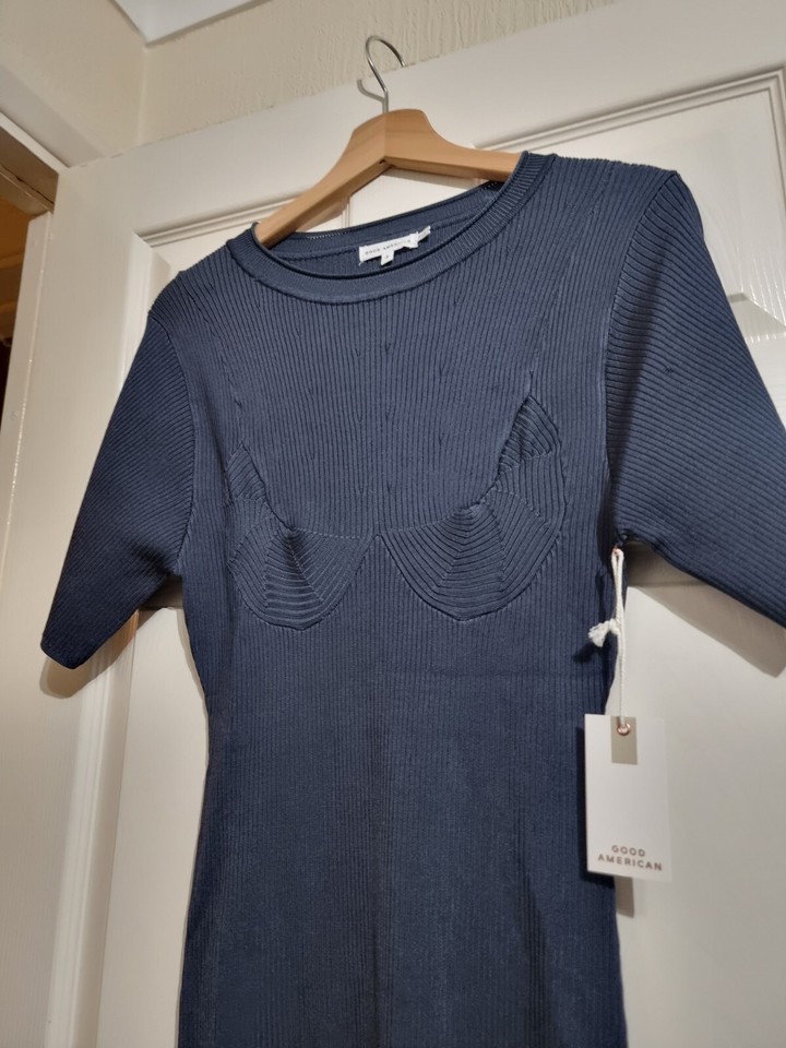 Good American Ribbed Plaited Short Sleevee Mini Dress Navy Blue Size 4 ...