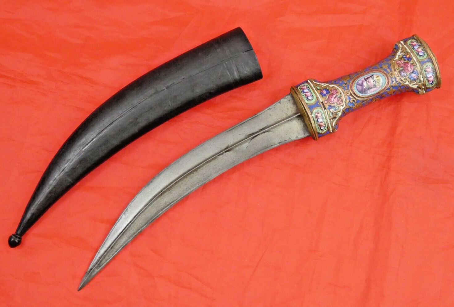 FINEST ANTIQUE PERSIAN ENAMEL KHANJAR DAGGER Damascus Wootz Steel SWORD ...