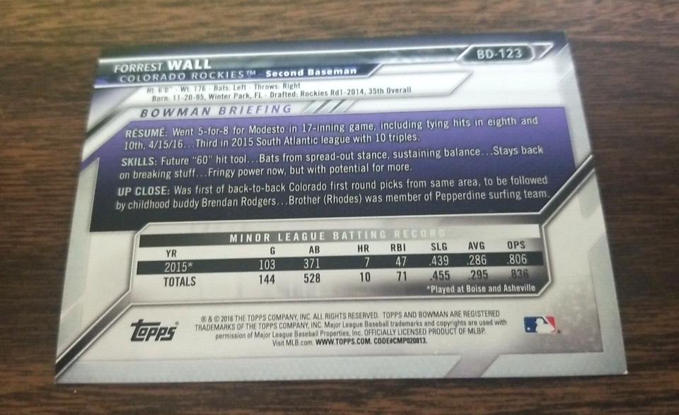 FORREST WALL 2016 BOWMAN DRAFT CARD #BD-123 BRAVES/ROCKIES (ROOKIE BASE ...