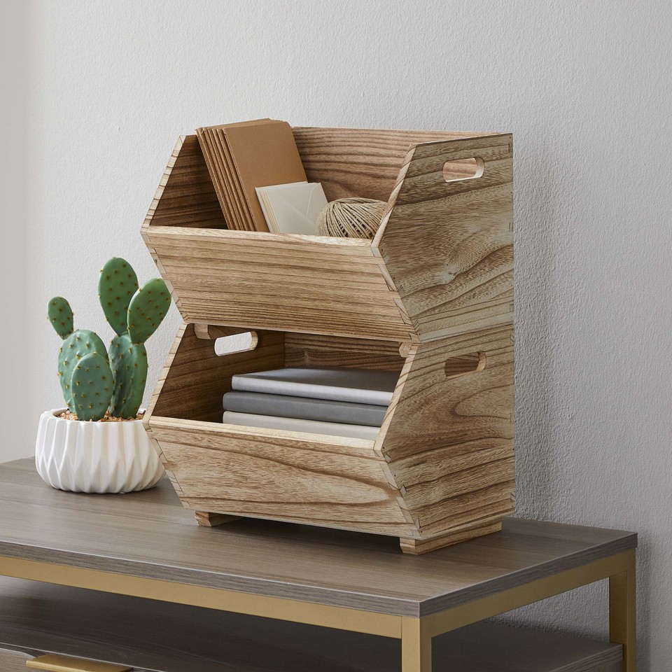 (2 pack) Adult Natural Wood Stacking Storage Bin Set 2-Piece | eBay