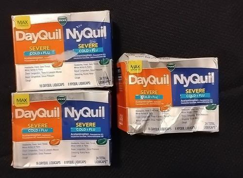 3X DAMAGED BOX Vicks DayQuil and NyQuil Severe Cold & Flu 24 Liquicaps ...