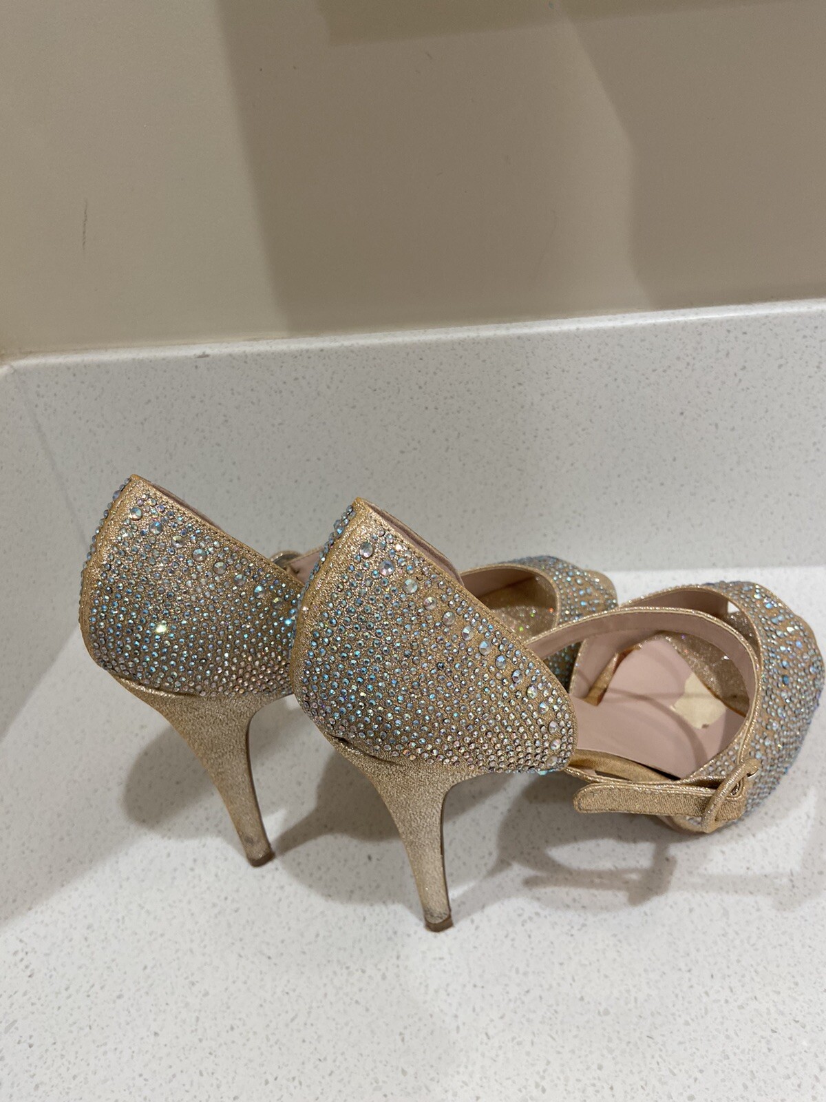 CATHY JEAN Rose Gold Rhinestones Stiletto Open Toe Platform High Heel ...