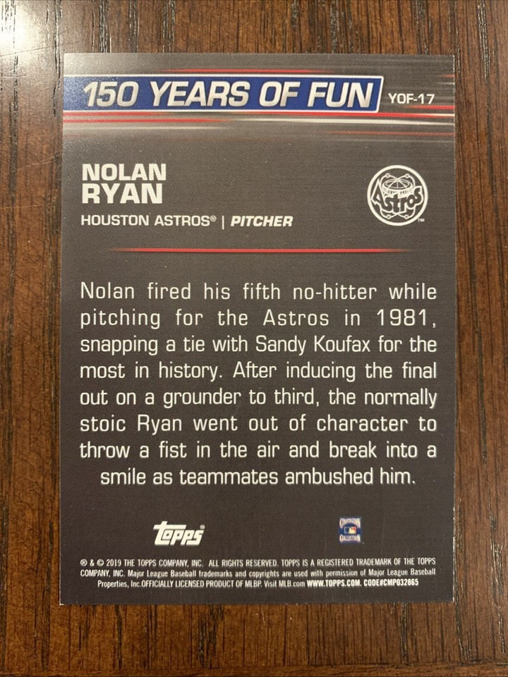 2019 Topps Opening Day 150 Years Of Fun #YOF17 Nolan Ryan Houston ...