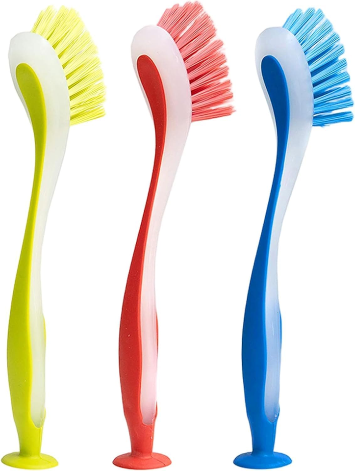Suction Cup Long Handle Dish Washing Brushes, 3Pcs Soft Dish Scrubber ...