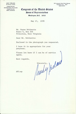 Andy Ireland - U.S. Representative Original Autograph Signed 1978 ...
