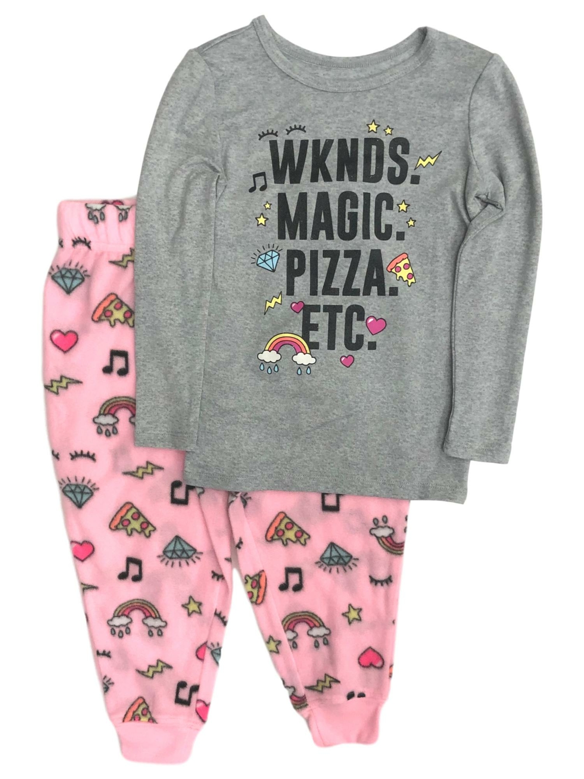 Girls Wknds Magic Pizza Pajamas Pink Fleece Sleep Pants & Gray T-Shirt ...