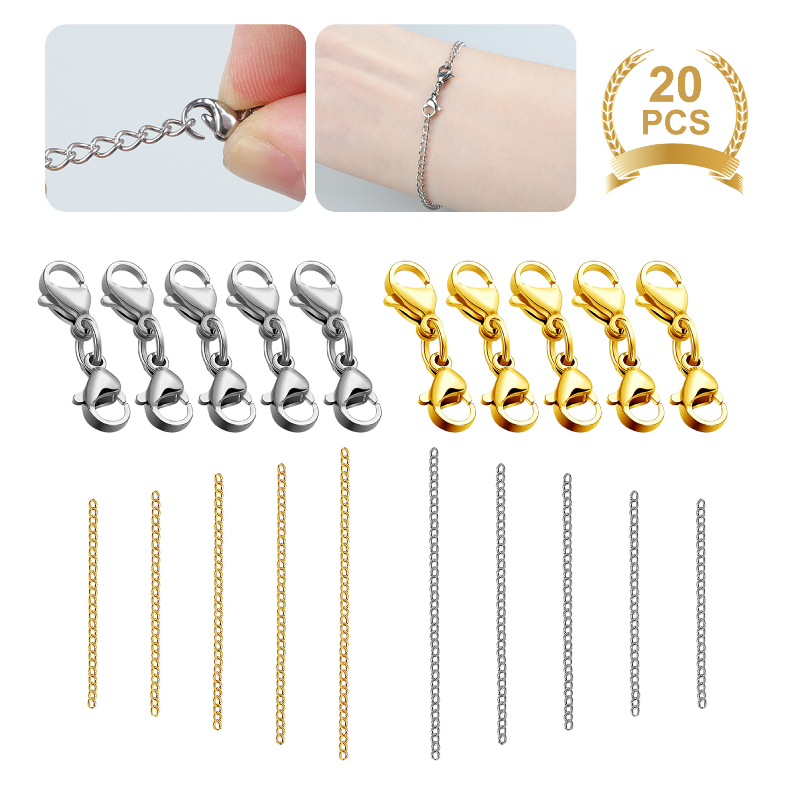 20 Pcs Lobster Claw Clasp and Safety Chain Jewelry Necklace Connector ...