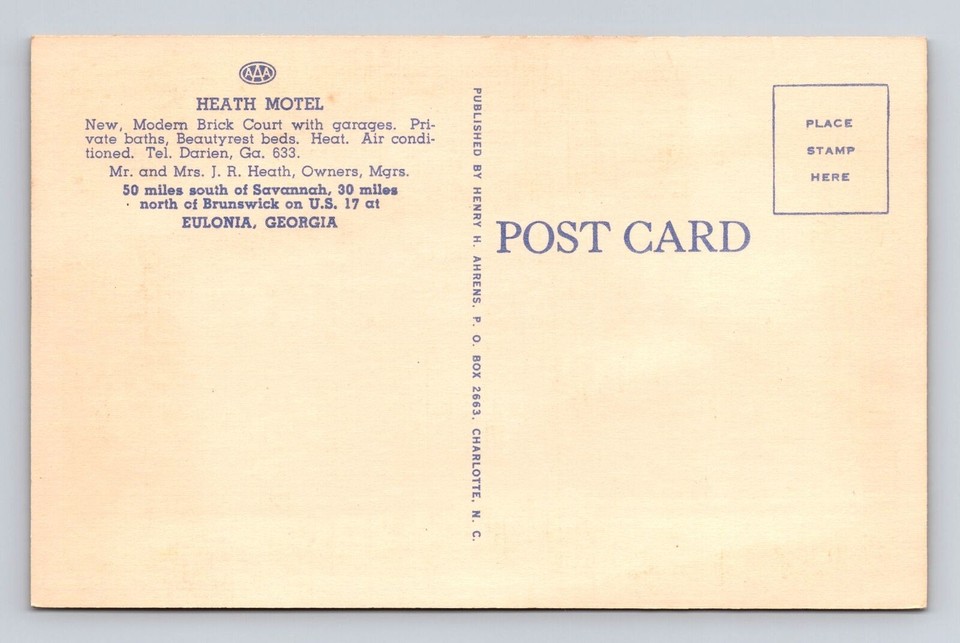 Eulonia GA-Georgia, Heath Motel, U.S.17, Vintage Postcard | eBay