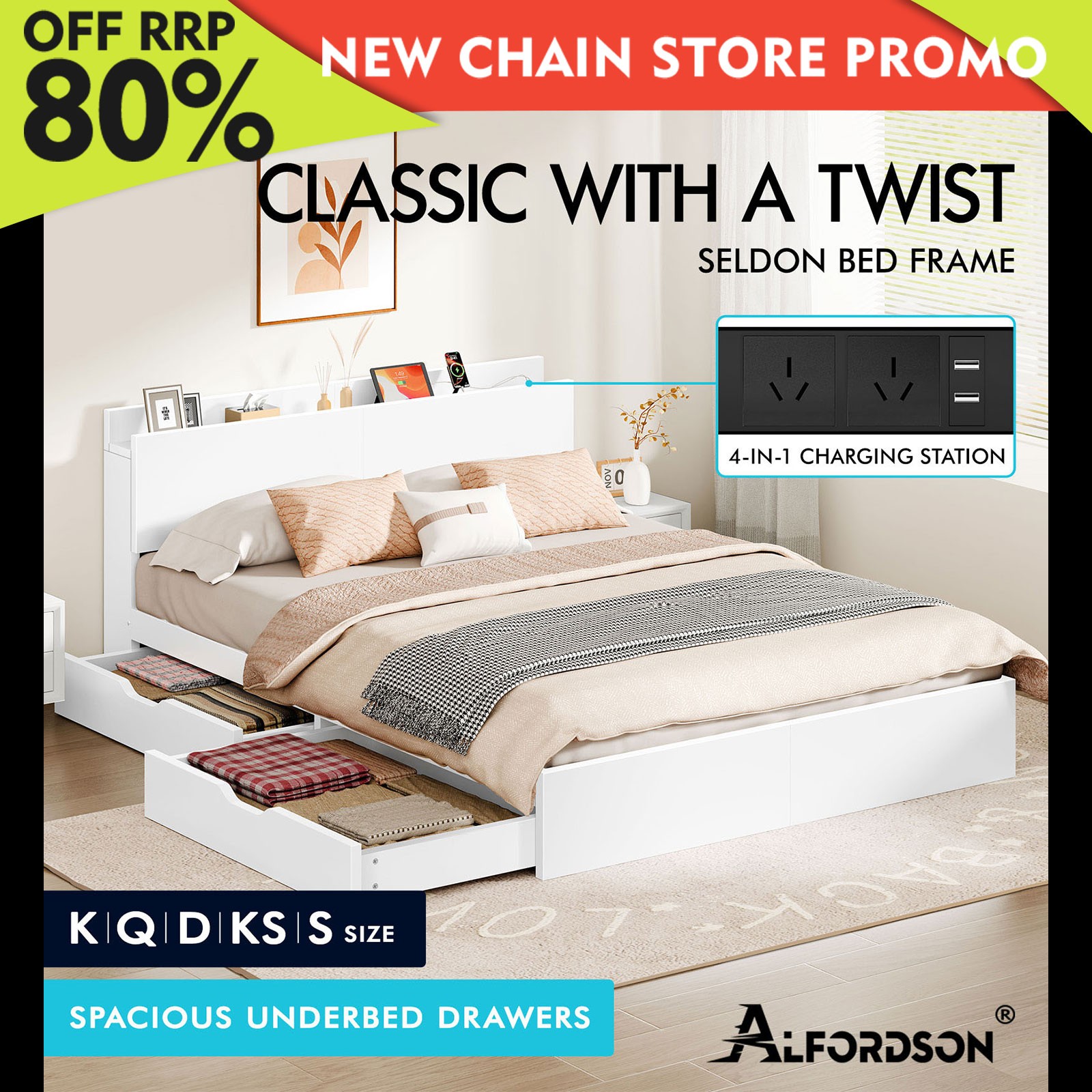 ALFORDSON Bed Frame Queen Double King Single with Charging Station & 2 ...