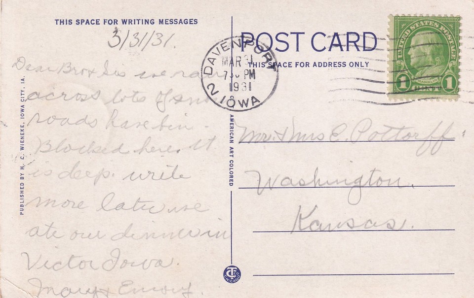 Iowa City IA Avenue 1931 Davenport to Washington Kansas Postcard D25 | eBay