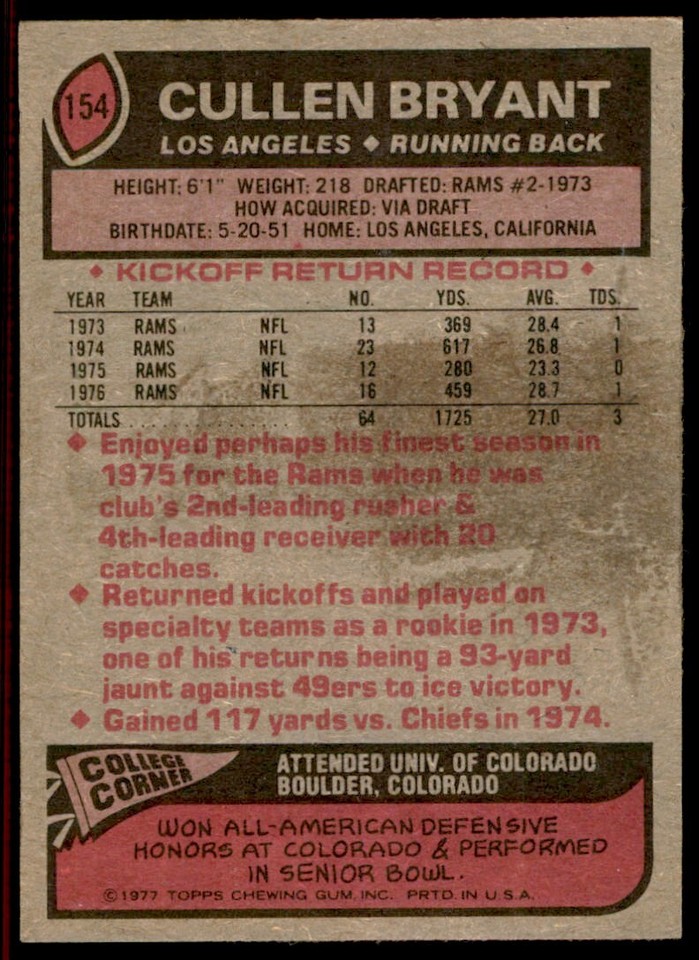 1977 Topps Cullen Bryant Football Card Los Angeles Rams #154 | eBay