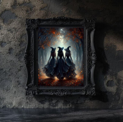 Three witches Dark Autumn Forest Halloween Vintage Witchy Painting art ...