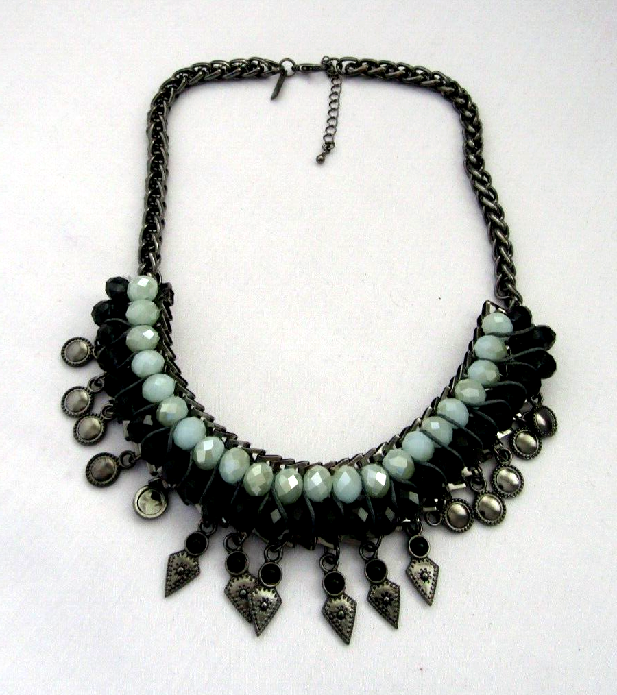 FREEDOM COSTUME JEWELLERY STATEMENT FRINGE NECKLACE BLACK & GREEN ...