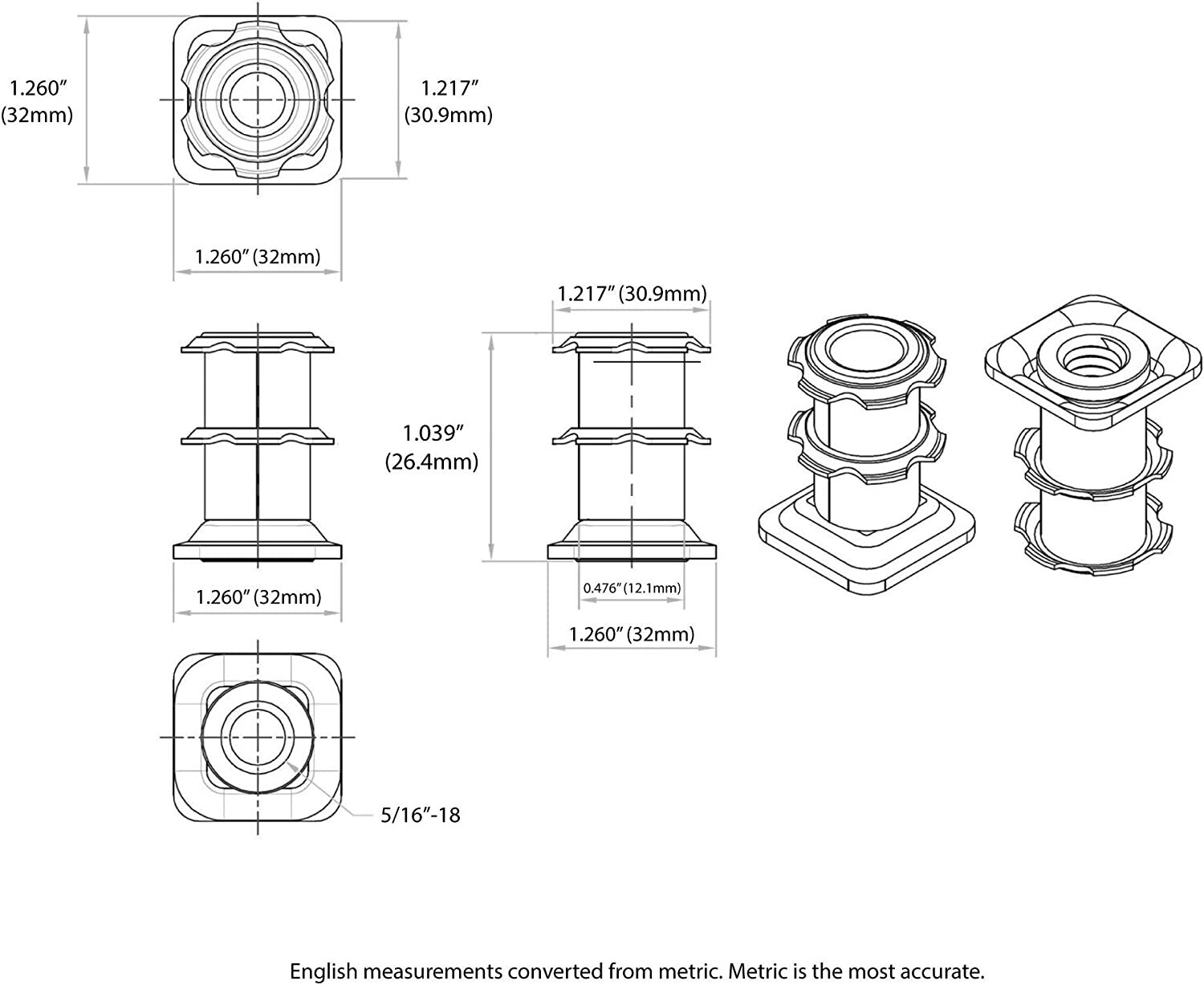 4 PIECEs Square Metal Caster Insert Tube Leg with Thread Double Star OD ...