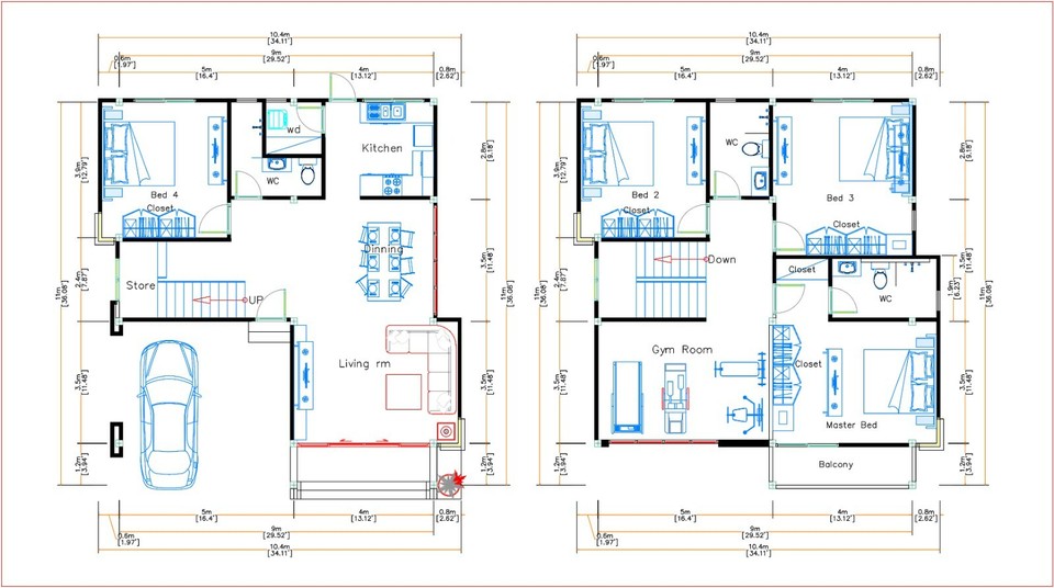 House Plans 30x36 Feet 9x11 Meter 4 Beds 3 Bath Hip Roof PDF Plan (A4 ...